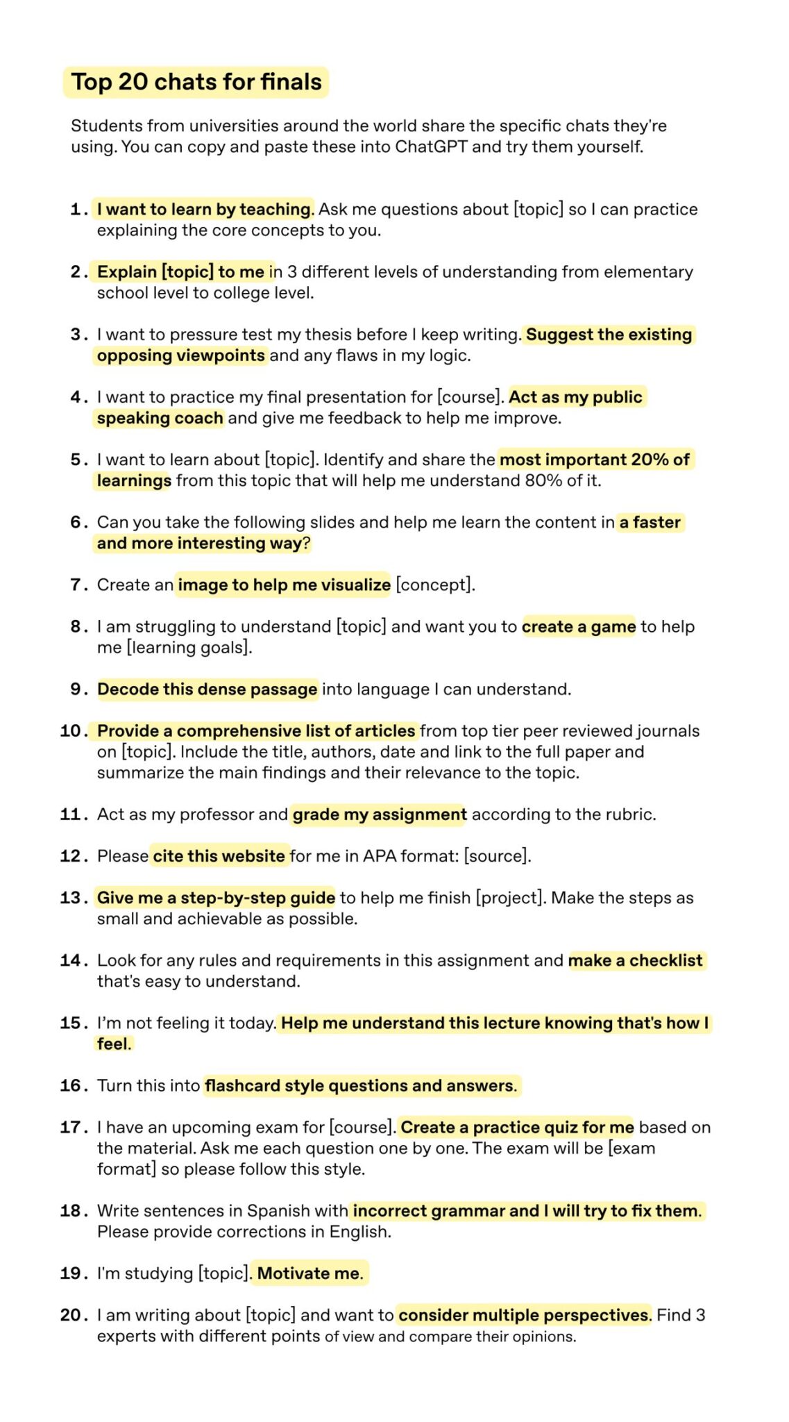 ChatGPT - Top 20 prompts for exam finals - ThinkTan